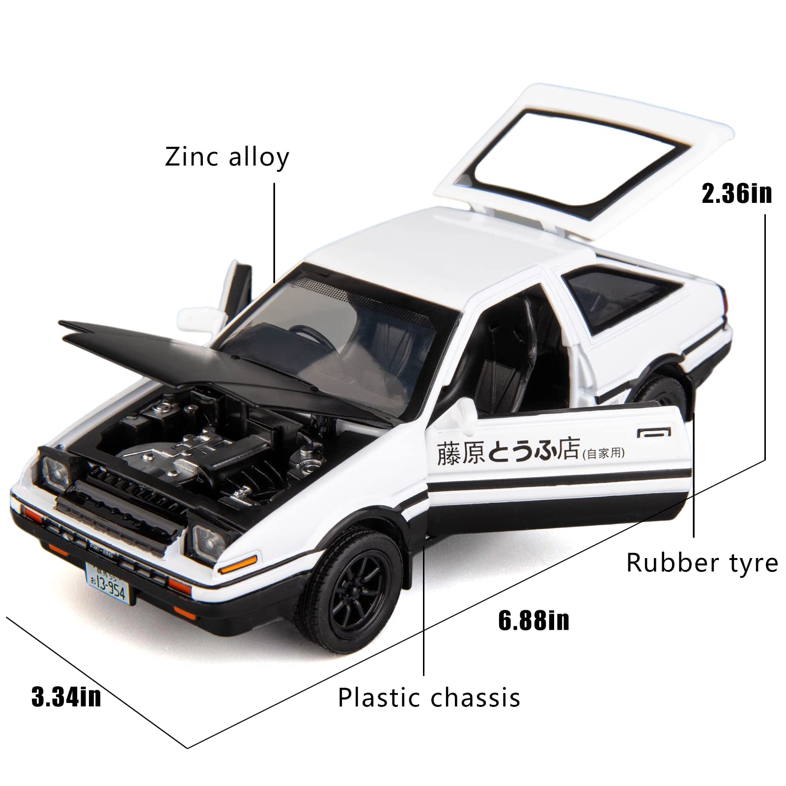 WAKAKAC Initial D AE86 Diecast Car Model Alloy Collectible Pull Back Toy Car with Light and Sound Toy Vehicle Door Can Be Opened(White&Black)