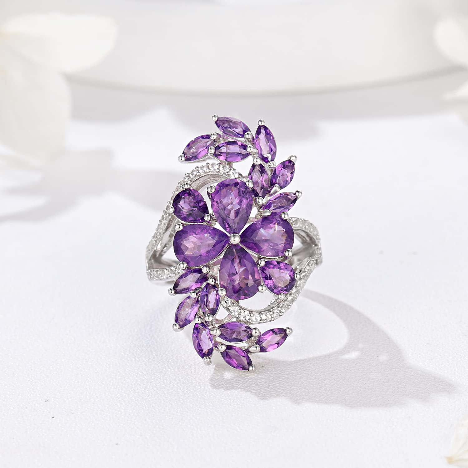 supermodel Nature Leaf Flower Ring Long Statement Cocktail Finger Accessories for Women Sterling Silver Wide Band Purple Amethyst Gemstone Ring Size 8
