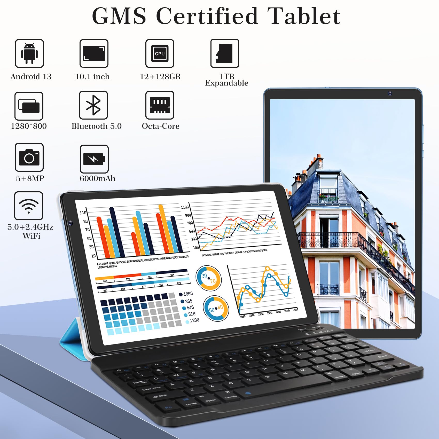 SEBBE Tablet 10 Inch Android 13 Tablet PC 12GB RAM + 128GB ROM TF 1TB Octa-Core 2.0 GHz, Bluetooth 5.0 | 5G WiFi | 6000mAh | 1280 * 800 | 5MP+8MP, Tablet with Keyboard and Mouse Blue