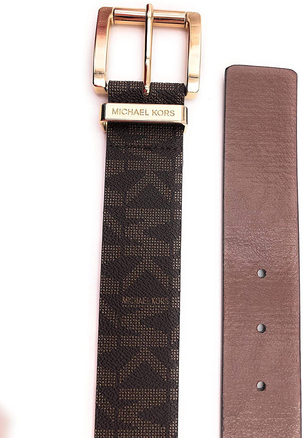 Michael Kors Mk Signature Monogram Logo Gold Buckle Belt Brown Size Large