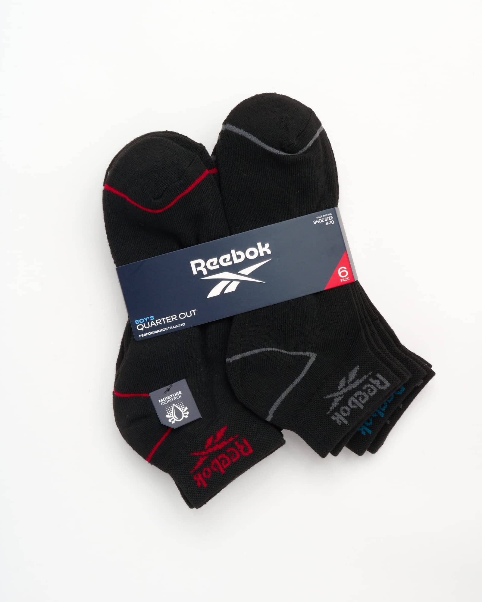 Reebok Boys' Quarter Socks - 6 Pack Stretch Performance Quarter Cut Arch Support Socks - Cushioned Athletic Socks for Boys, Size Medium, Formal Black