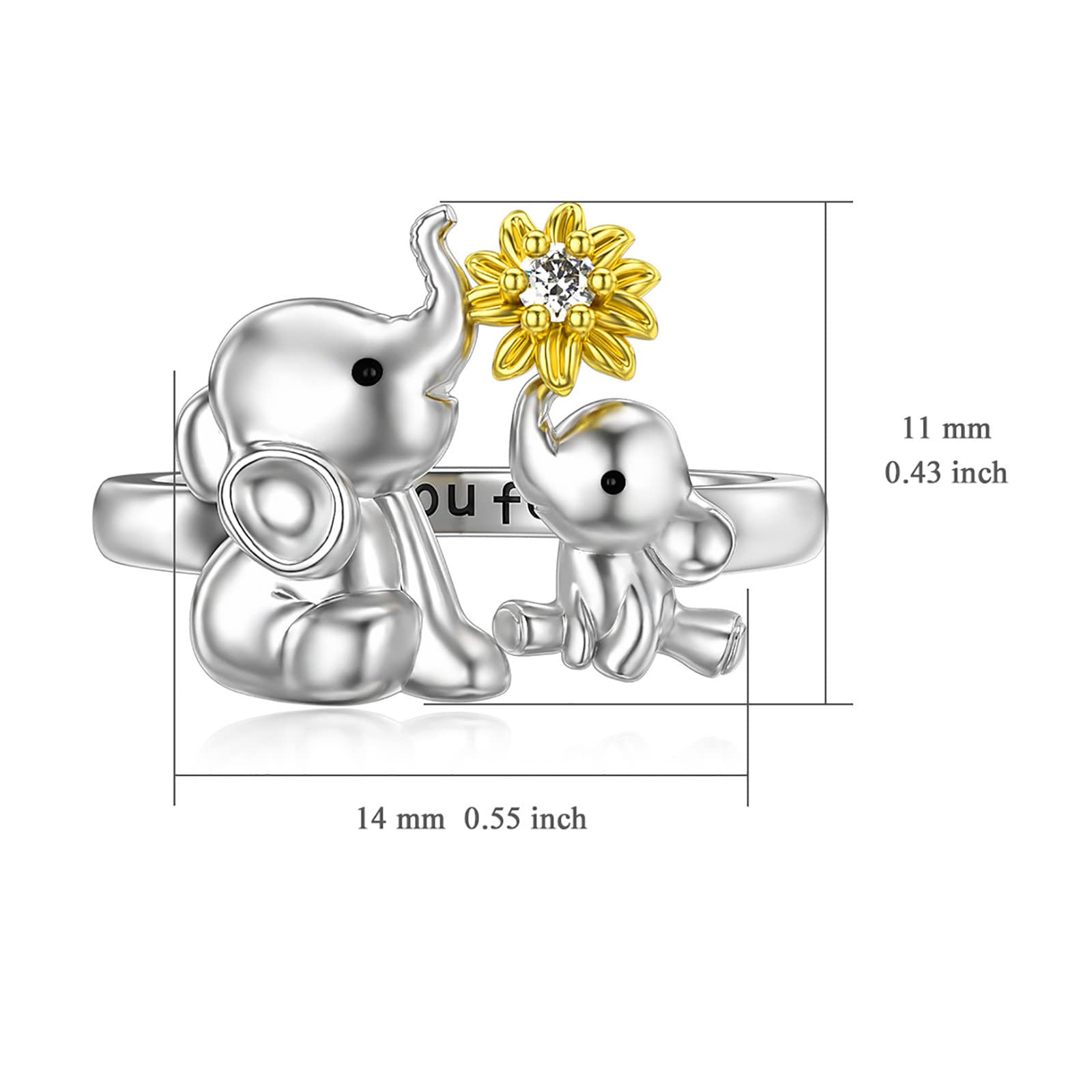 Women Elephant Ring Mother and Child Animal Ring with Sunflowers Statement Ring for Mom (A, 7), Stainless Steel,Rose Gold,White,Purple