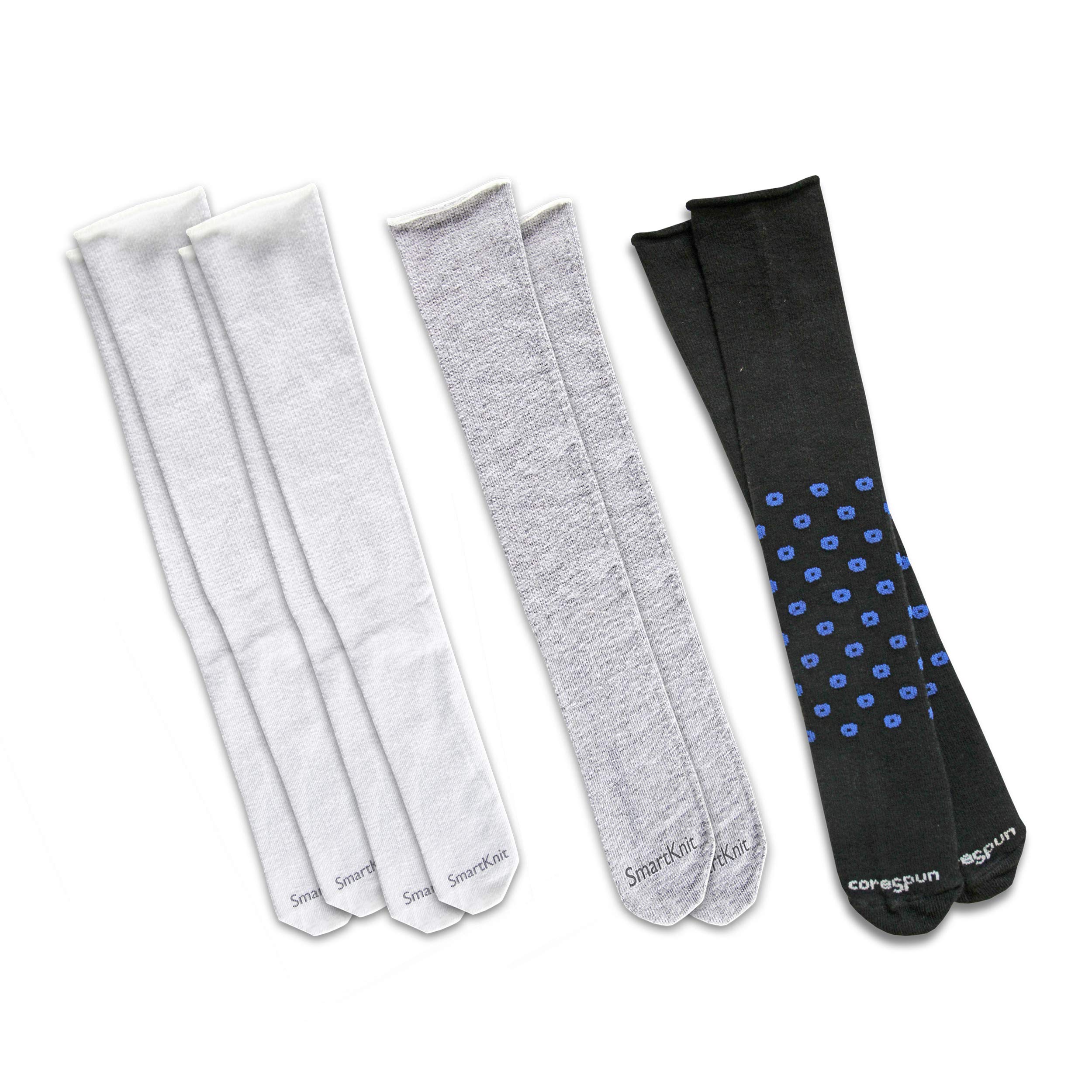 SMARTKNIT & CoreSpun Kids AFO Interface Socks - 4 Pack (2-White, Grey, Cheery(Black/Royal Blue), Child X-Long)