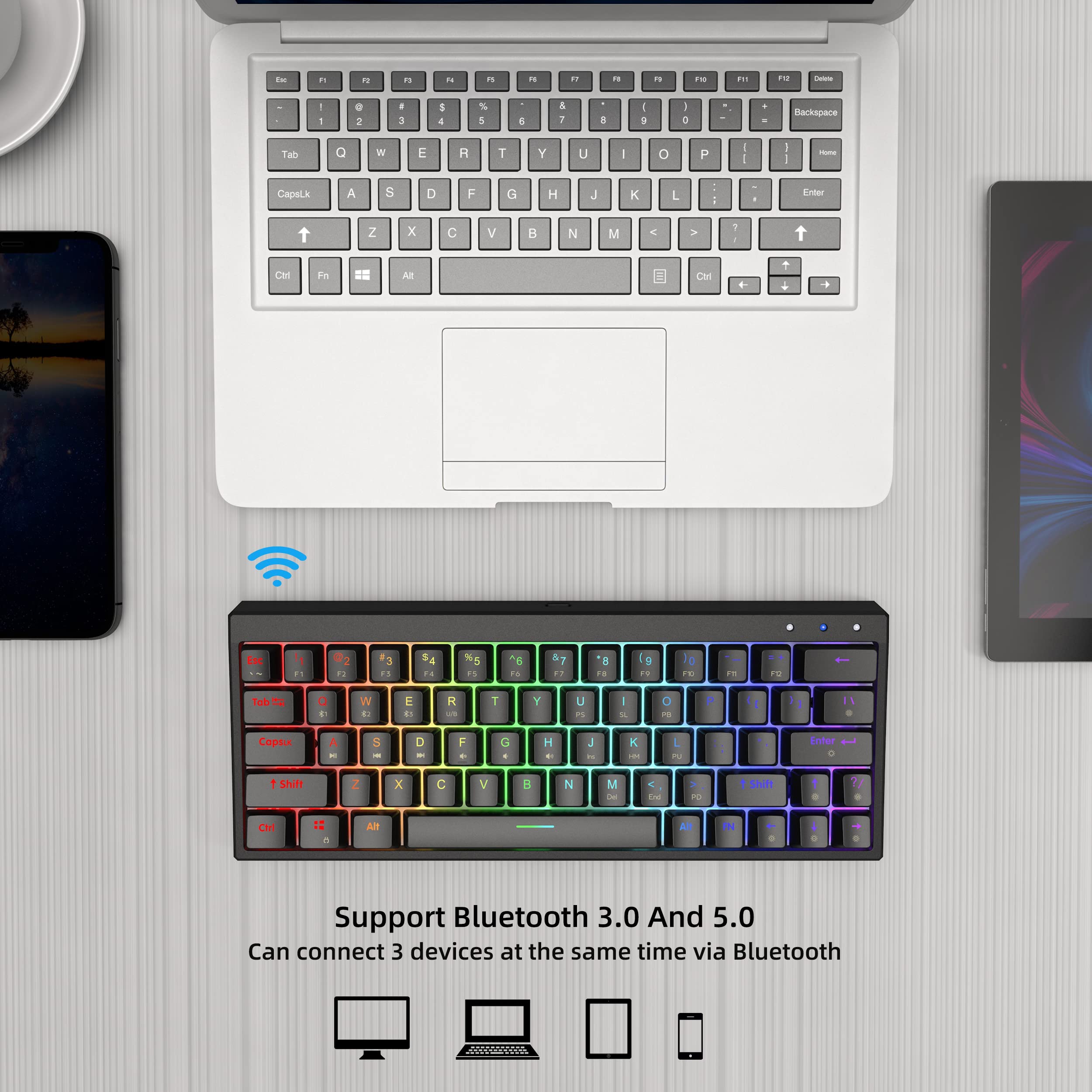 Ractous RTK63B 60% Wireless Mechanical Gaming Keyboard,RGB Blacklit PBT keycaps Type-C 63keys Bluetooth5.1/Wireless/Wried Gaming Keyboard for PC/Mac Gamers,Hot-Swap Optical Black Switch-Black