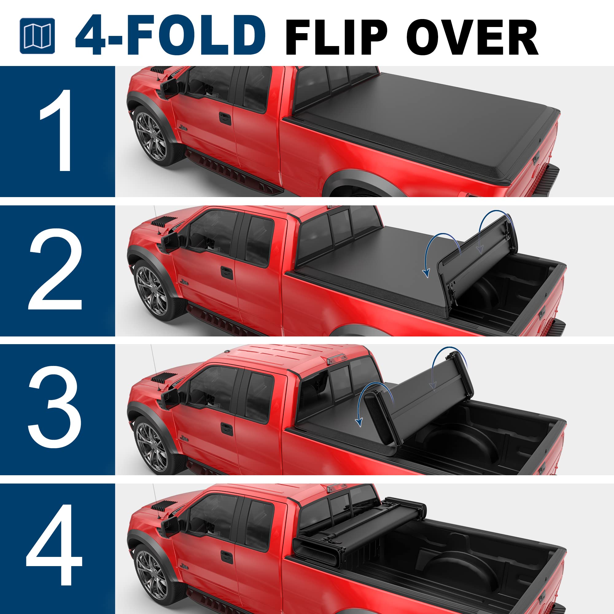 MOSTPLUS Quad 4-Fold 6.5 FT Soft Fold Truck Bed Tonneau Cover Compatible for 2009-2014 Ford F150 F-150 Styleside Fourth Fold (Excl Raptor Series) Without Utility Track System