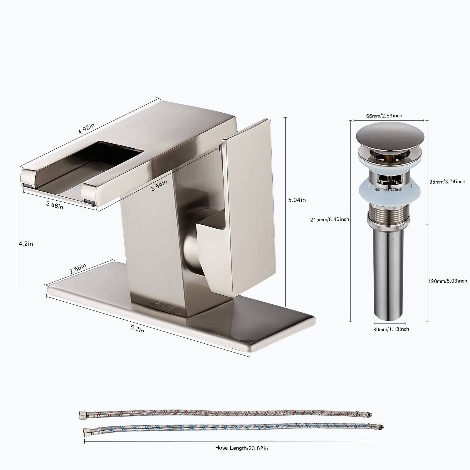 Skybathjoy LED Bathroom Sink Faucet Waterfall with Drian Assembly 1 Hole Brushed Nickel Single Hole Handle RV Bath Vanity Faucets for Sinks 1 Hole Water Supply Lines, Stainless Steel Spout