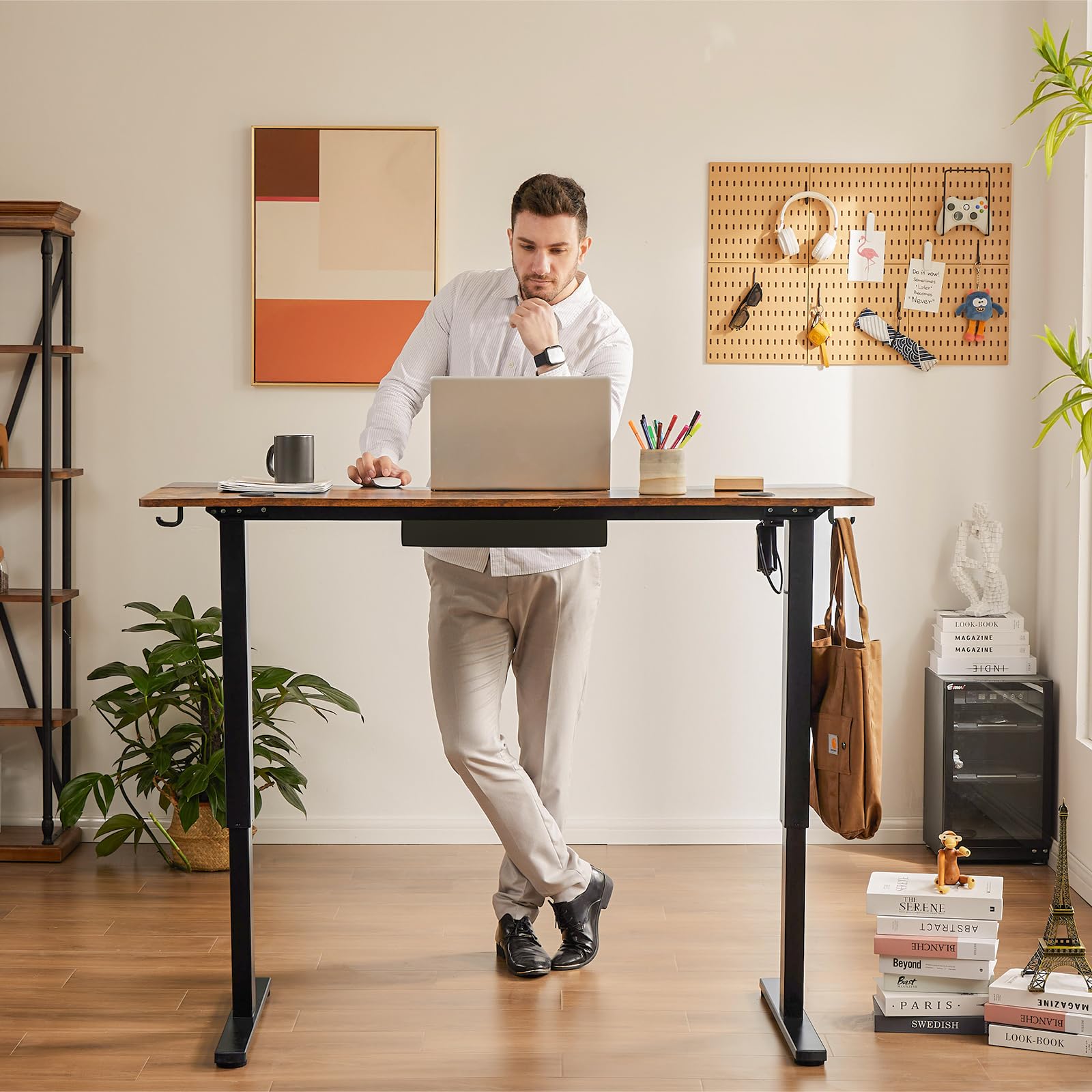 NEWBULIG Electric Height Adjustable Sit Stand Home Office Computer Desks with Drawer, 63 Inch, Rustic Top and Black Frame