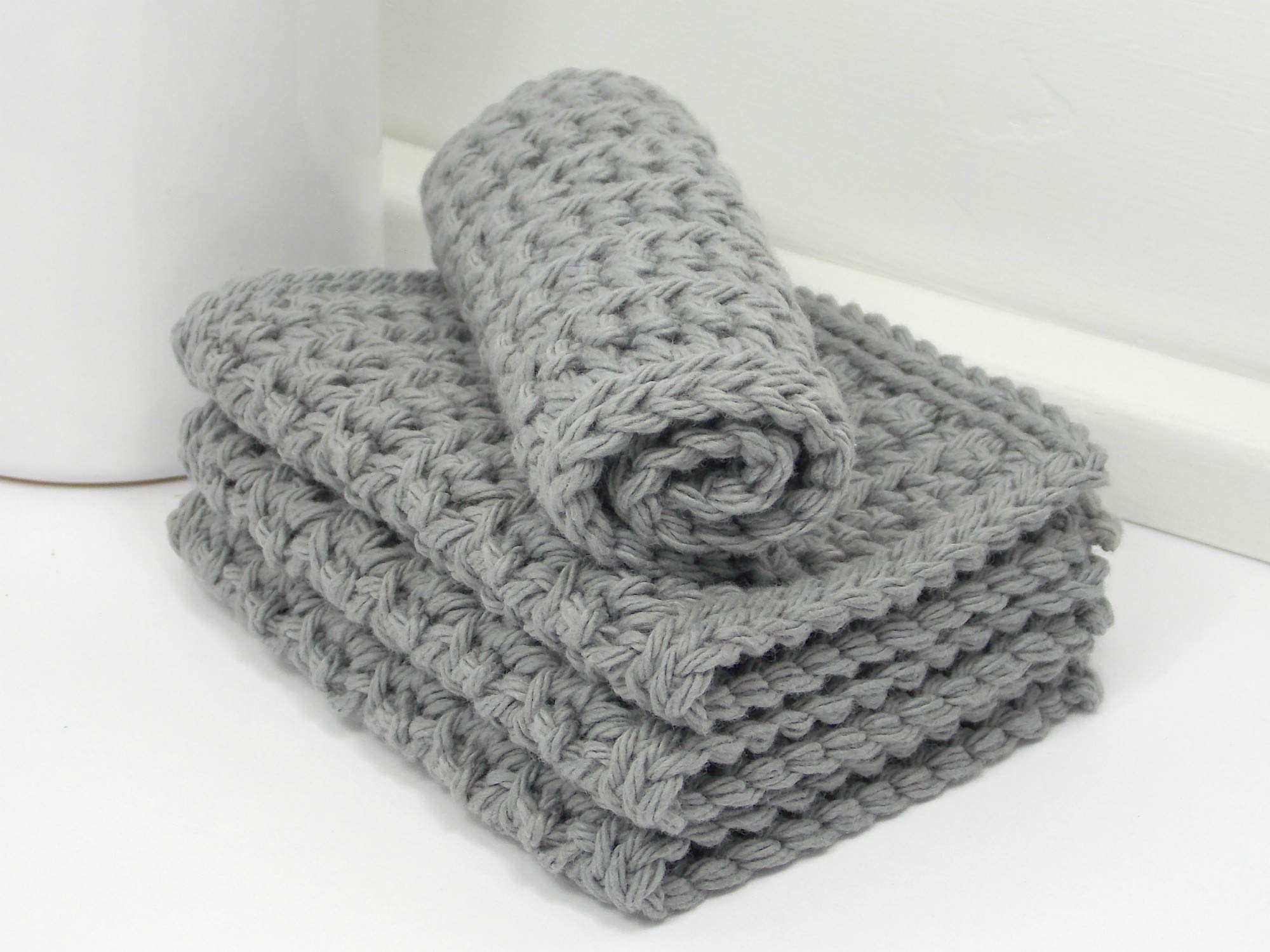 Set of 4 Handmade Grey 4 inch x 7 inch Rectangular Crochet Cotton Dishcloths, Gray Dishrags