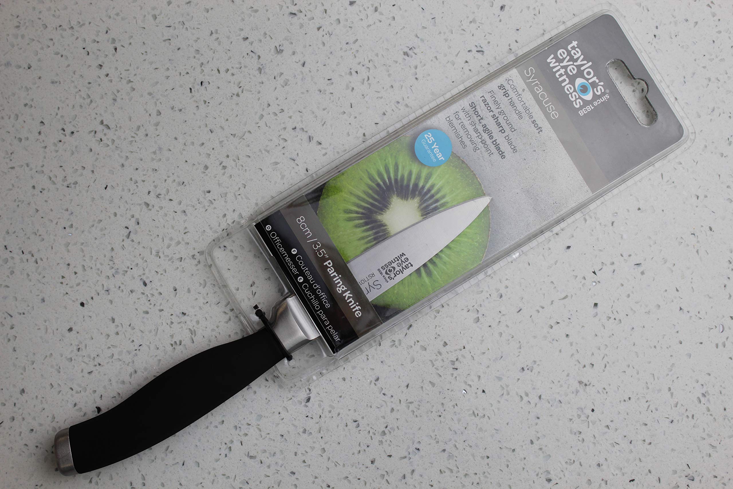 Taylors Eye Witness Syracuse Vegetable Paring Kitchen Knife - Professional 8cm/3.5β Cutting Edge, Multi Use. Ultra Fine Blade, Precision Ground Razor Sharp. Soft Textured Grip Matte Black Handle.