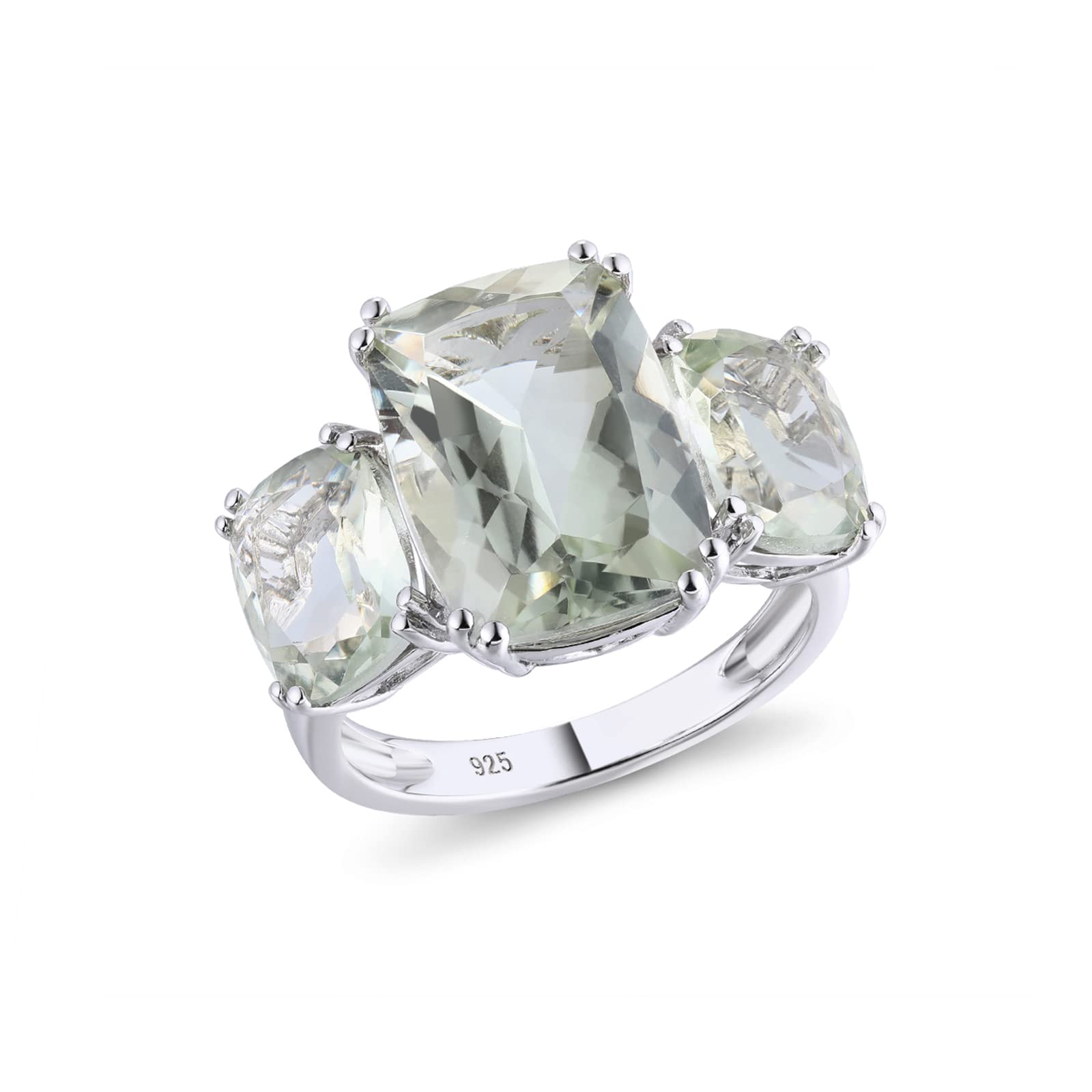 supermodel 10 Ct Natural Green Amethyst 3 Stone Statement Ring for Women 925 Sterling Silver Rhodium Plated Solitaire Promise Ring Gift for Anniversary Valentines Day Size 7