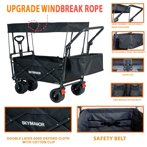 SKYMANOR Collapsible Wagon Folding Garden Cart with Removable Canopy Utility Wagon Cart with All-Terrain Wheels Brake Beach Cart for Sand Heavy Duty Beach Wagon for Camping Shopping (Black)