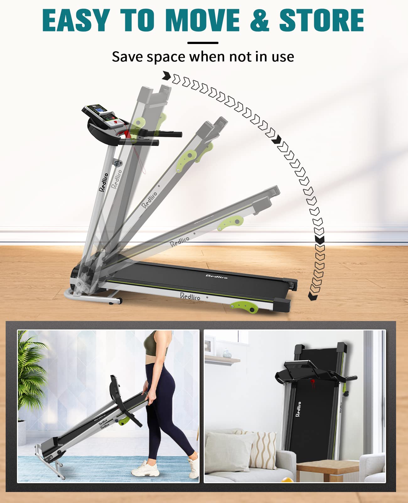 REDLIRO Foldable Treadmill with Incline, Portable Run Walking Folding Compact Exercise Machine with 12 Preset Program, LED Display, Easy Assembly for Small Space Fitness Electric Workout for Home