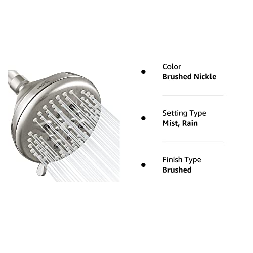 YASFEL Shower Head High Pressure 5" Fixed Shower Head 5 Settings 2.5 GPM Bathroom Adjustable High Flow Shower Head with 360°Brass Ball Joint (Brushed Nickel 2.5GPM)