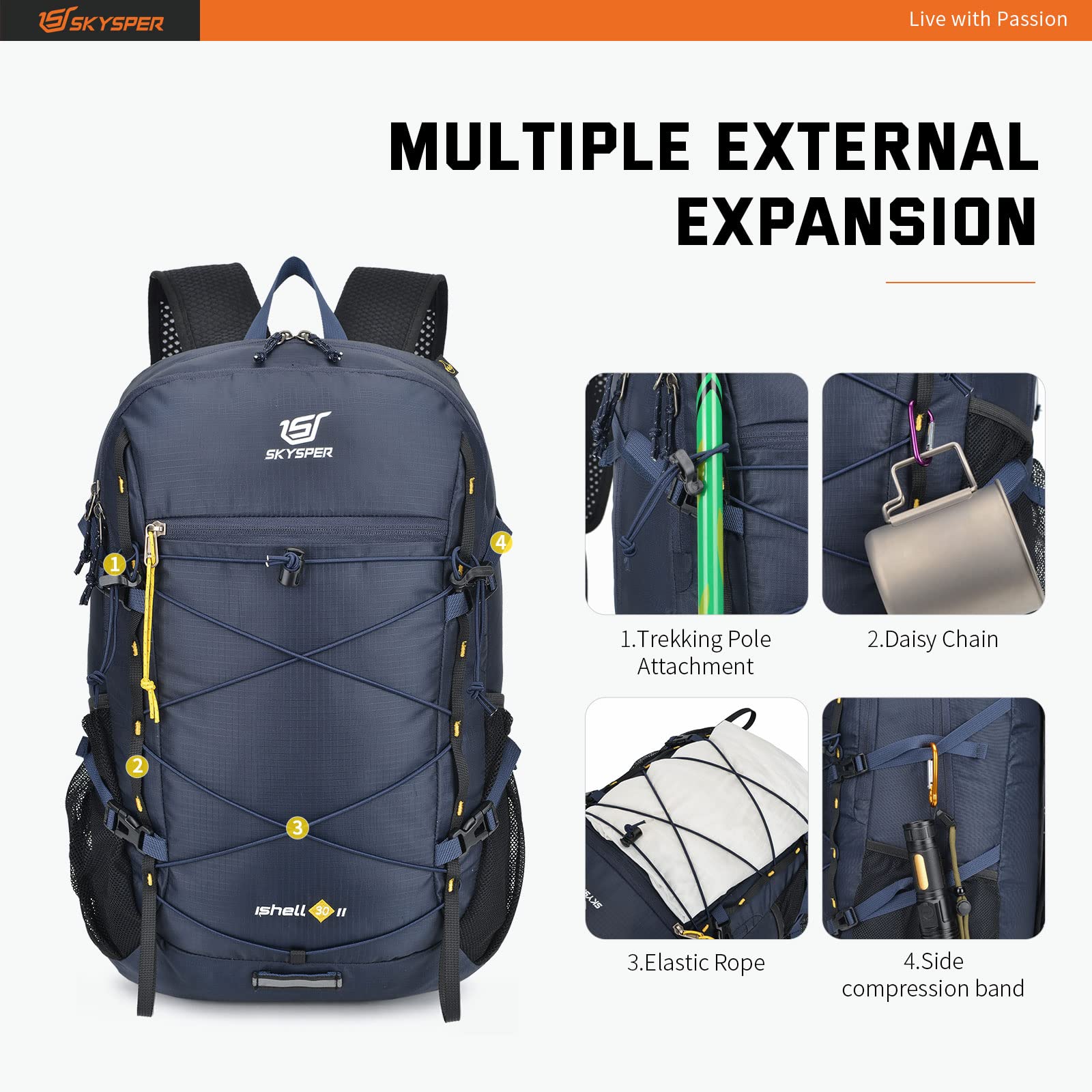 SKYSPER Packable Hiking Backpack 30L Lightweight Daypack Travel Backpacks for Women Men(Blue)