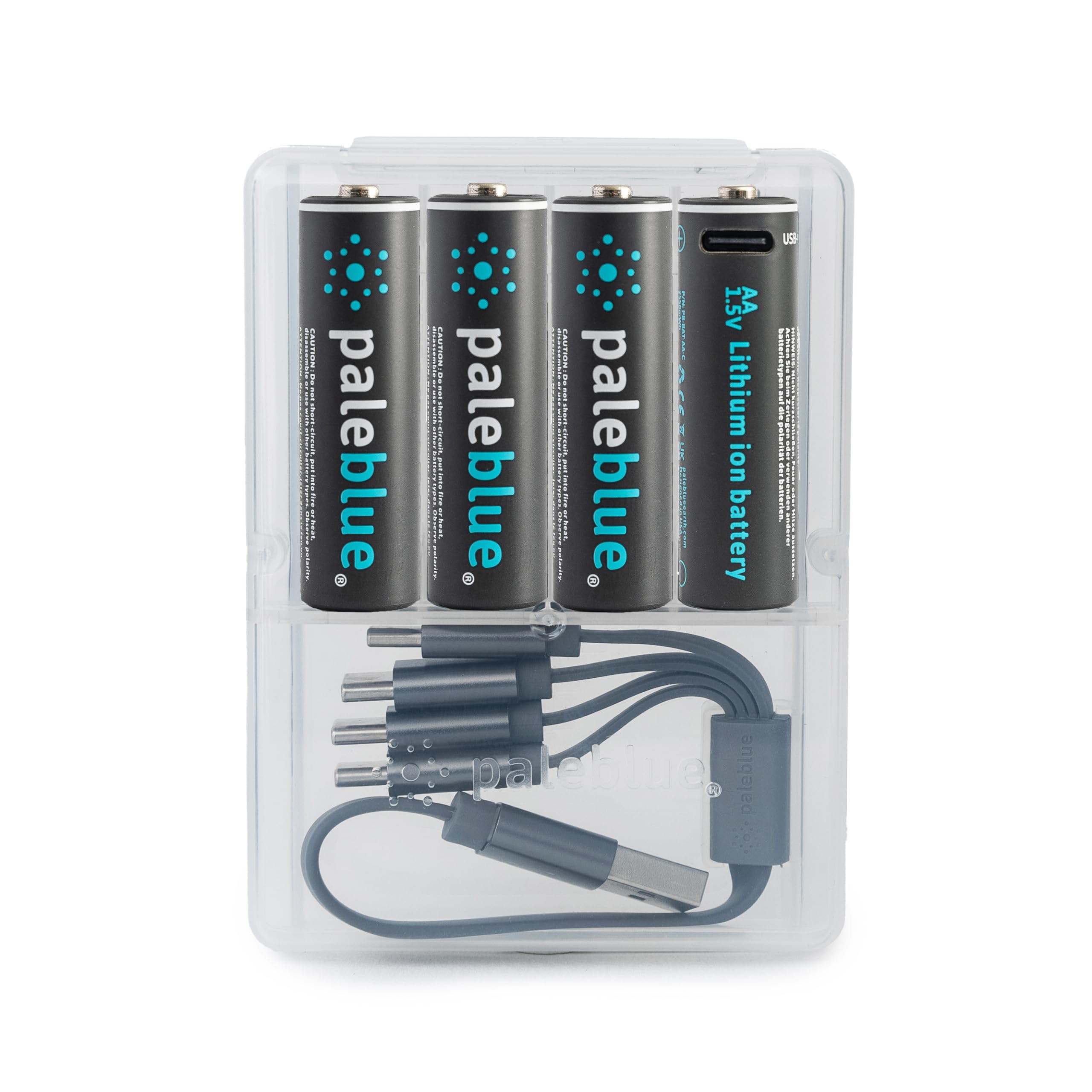 USB Rechargeable AA Batteries by Pale Blue, Lithium Ion 1.5v 1700 mAh, Charges Under 1 Hours, Over 1000 Cycles, 4-in-1 USB-A to USB-C Charging Cable, LED Charge Indicator, 4-Pack