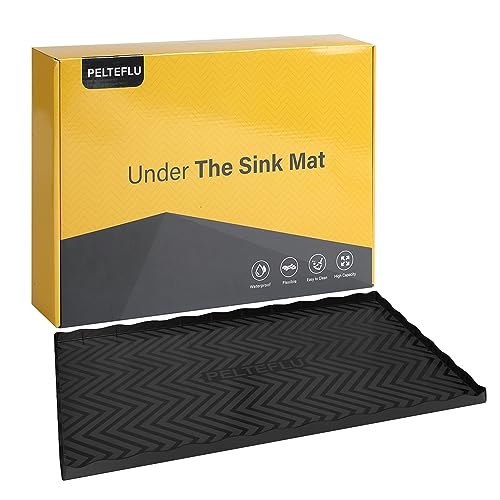 PELTEFLU Under Sink Mat, 34" x 22" Waterproof Under Sink Mats for Kitchen Bathroom, Flexible Silicone Rubber Under Sink Liner with Drain Hole, Thick Under Sink Mat Protect for Drips Leaks - Black