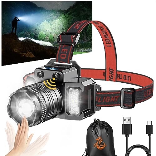 Rechargeable Headlamps for Adults, Head Flashlight, Waterproof Headlamp with Motion Sensor and Swivel Zoom Function, Ideal for Camping, Fishing, and Hiking