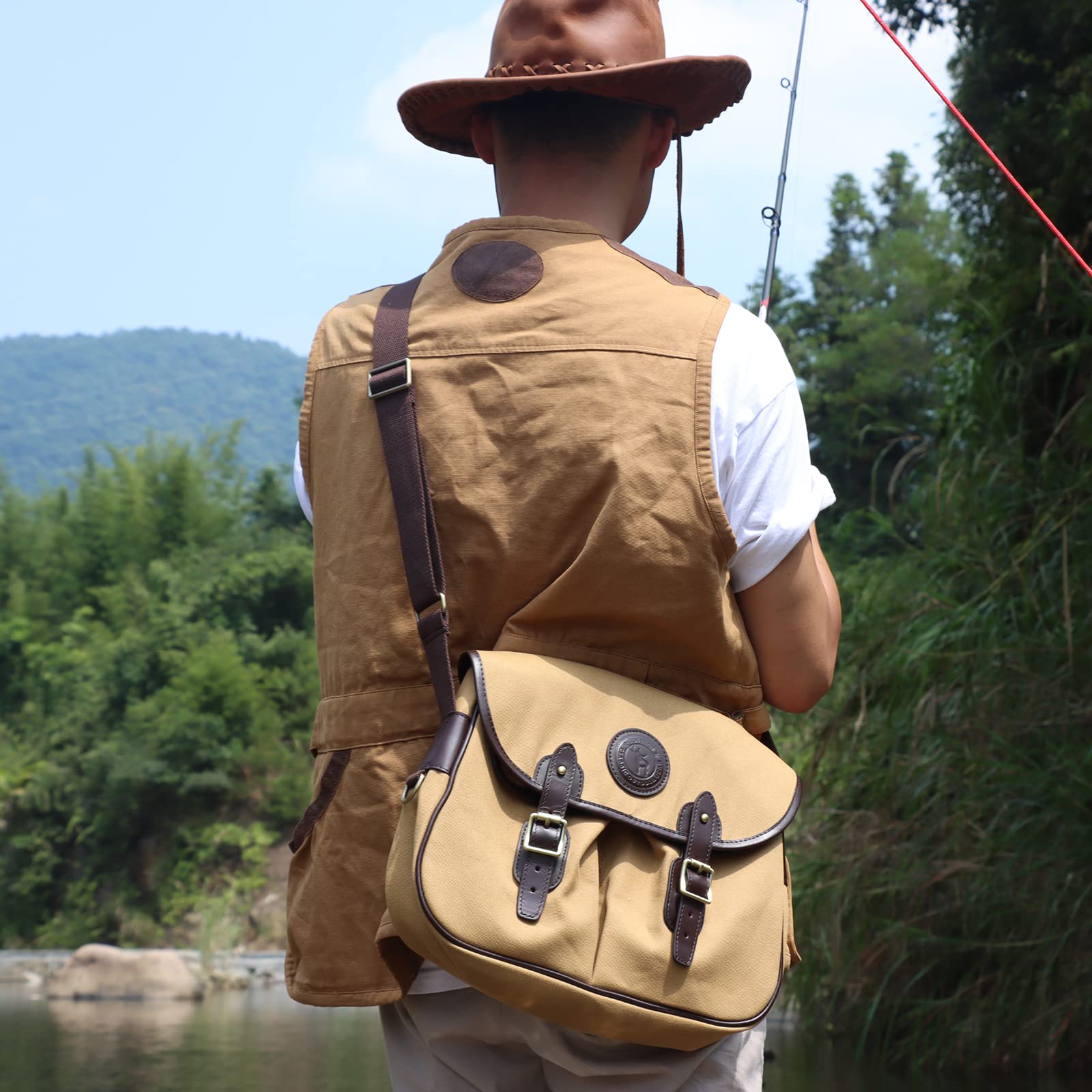 Tourbn TOURBON Retro Fly Fishing Tackle Bag Case Canvas & Leather Carryall Game Reel Storage, Brown