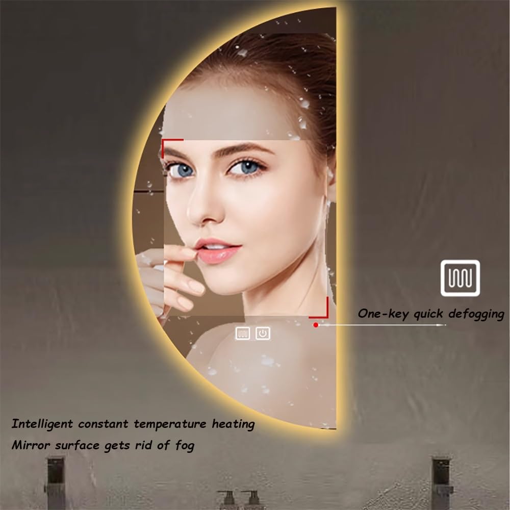 NURCIX LED Bathroom Mirror Wall-Mounted Vanity Mirror, Dimmable with Anti-Fog Half Moon Backlit Wall Mirror, 3 Color Dimmable Touch Control Mirror (Color : Right Cut, Size : 50 * 100CM/40 * 20IN)