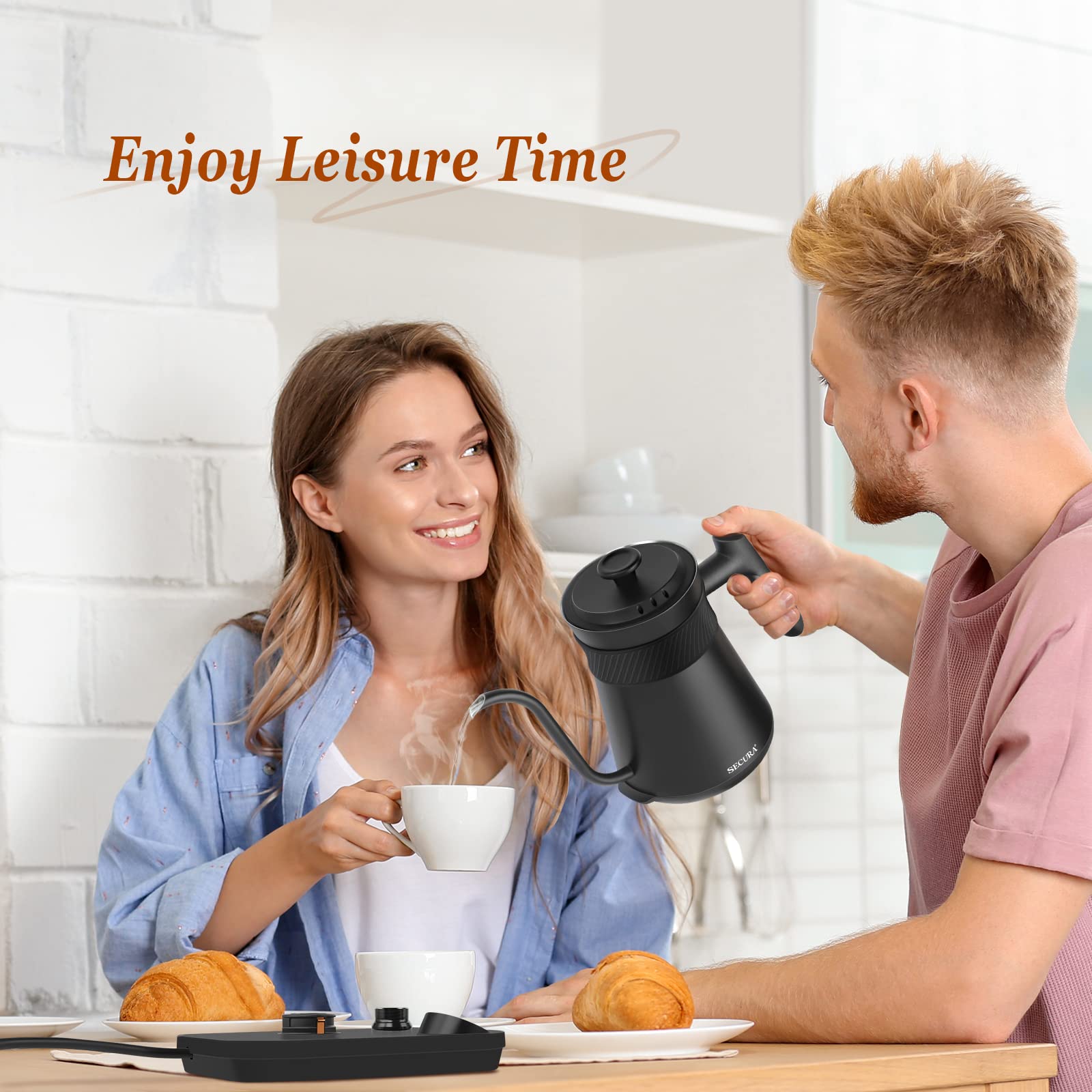 Secura Electric Gooseneck Kettle, Quick Boiling Electric Kettle with 5 Variable Presets for Coffee Tea Brewing, 100% Stainless Steel Inner Tea/Coffee Kettle with 1.5H Keep Warm,1200W-0.8L, Matt Black