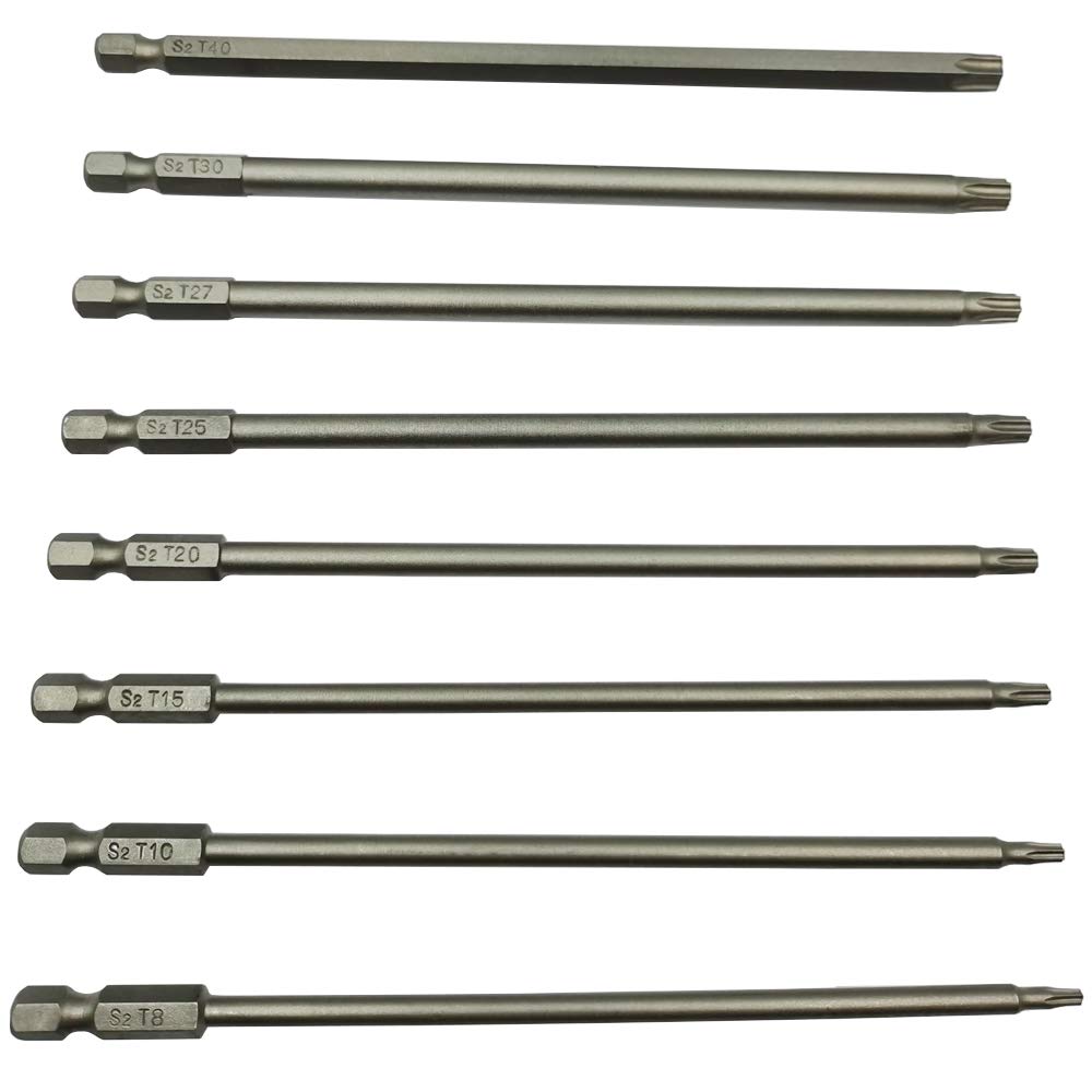 YDLQWCZ Long Torx Security Screwdriver Bit Sets 6 Inch Length T8 T10 T15 T20 T25 T27 T30 T40 S2 Steel Torx Security Head Drill Screw Driver Drill Set (8Pcs Torx Head (150mm)