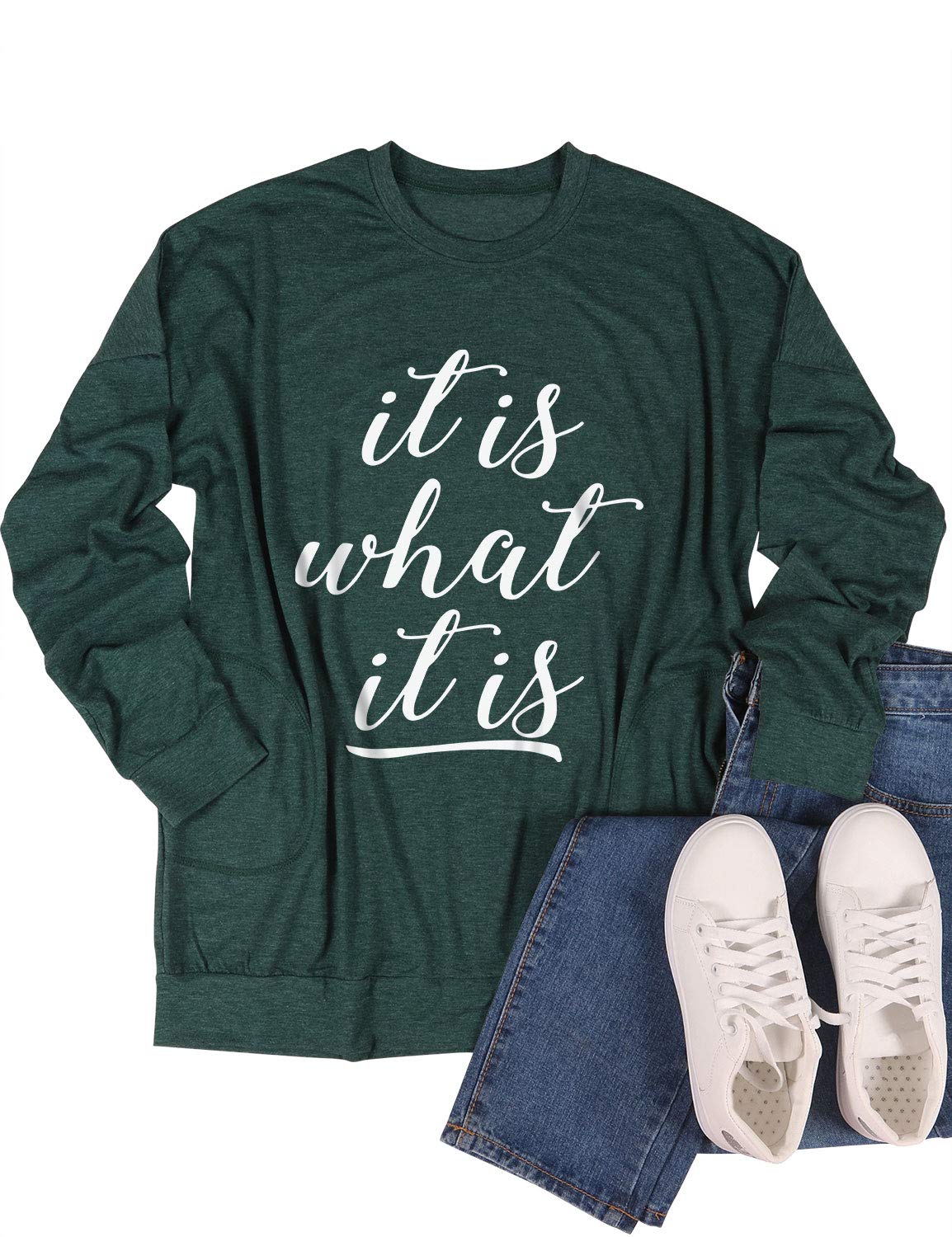 REOGA It Is What It Is Shirt for Women Sarcastic Long Sleeve Graphic T Shirts Oversized Thin Sweatshirts Tops