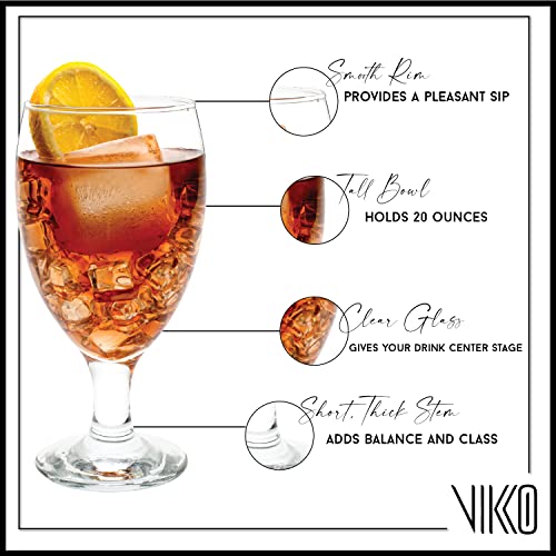 Vikko Classic Goblet Party Glasses, Iced Tea Glasses 20 Ounce, Set of 6 Goblets, Water Glasses, Dishwasher Safe Durable Glassware