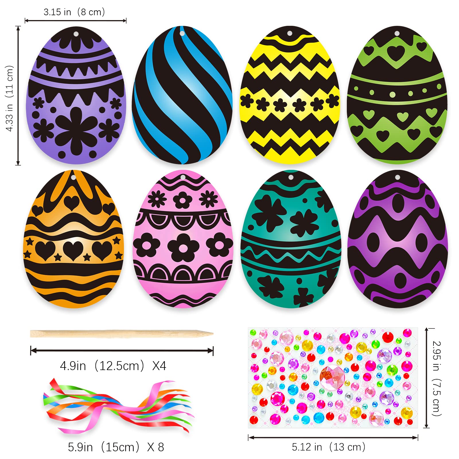 YOKSAS 8 Pcs Easter Eggs Rainbow Scratch Paper Art Set,Easter Crafts for Kids Ornaments Decorations