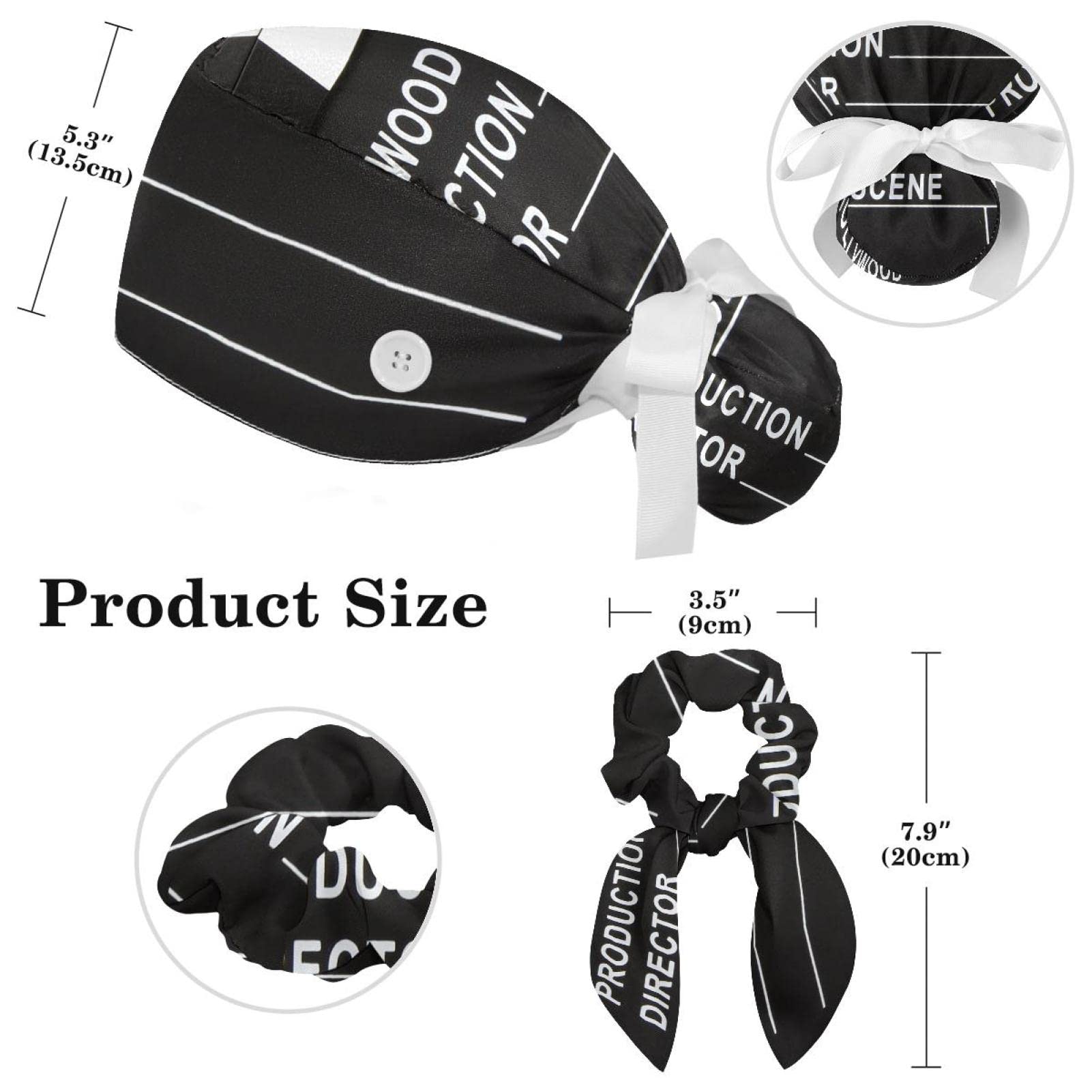 Nurse Scrub Caps Long Hair,Movie Cinema Lapper Board Adjustable Working Cap with Buttons and Bow Hair Scrunchie