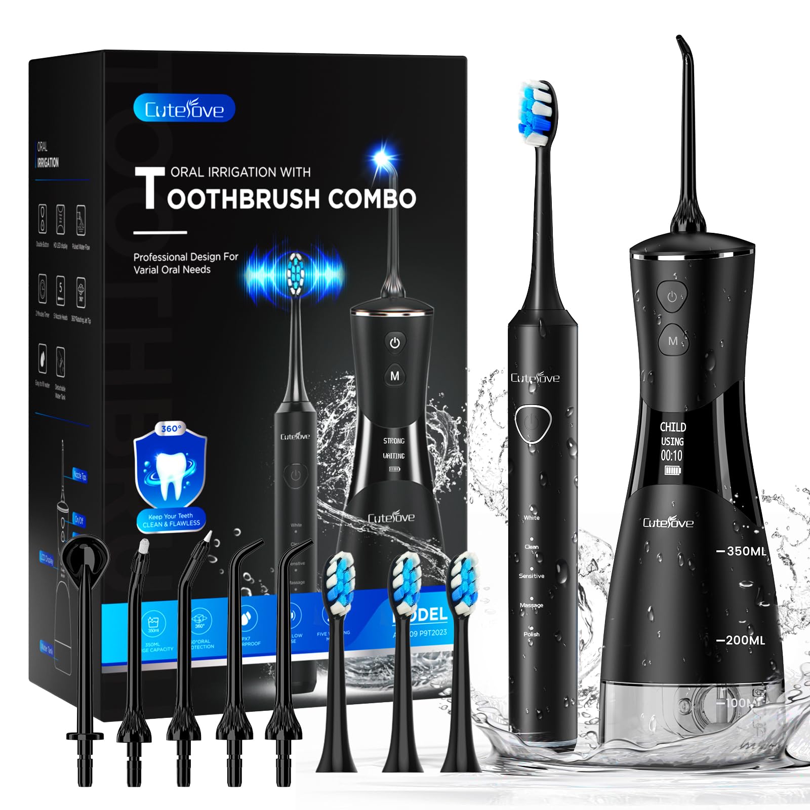 Water Flosser with 350ML & OLED Display & 5 Jet Tips & IPX7 Waterproof & 5 Modes, Cordless Water Flosser Picks for Teeth Cleaning, Electric Toothbrush with Water Flosser for Home Travel Use