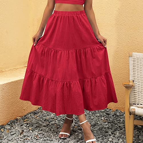 Tenworld Trendy Elastic Swing with Pockets Women's Boho Summer A Line Tiered Beach Pleated Flowy Dress Long Waist Skirt