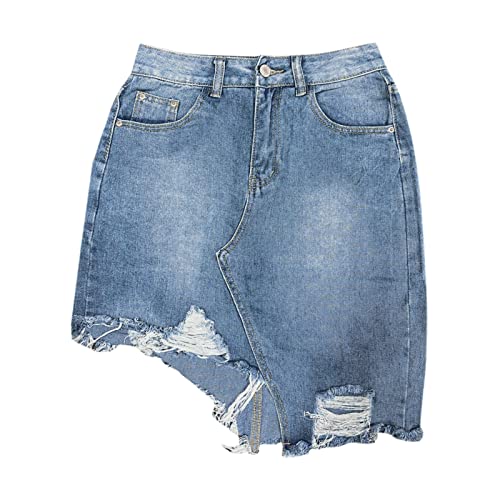 Tenworld Womens Denim Skirt Distressed Jeans for Women Side Slit Daily Casual Classic Blue Buttons Pockets Ripped White