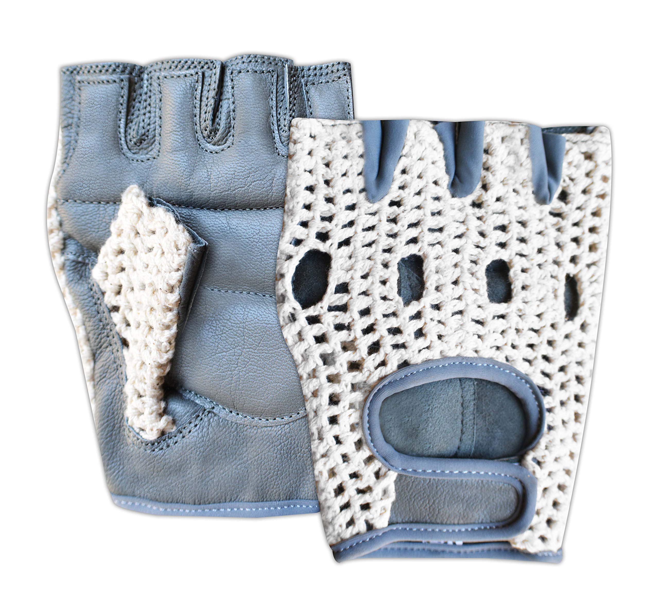 Prime Sports Leather Crochet Fingerless Driving Weight Training Cycling Wheelchair Biker Gloves (Grey/White 1037, Medium)