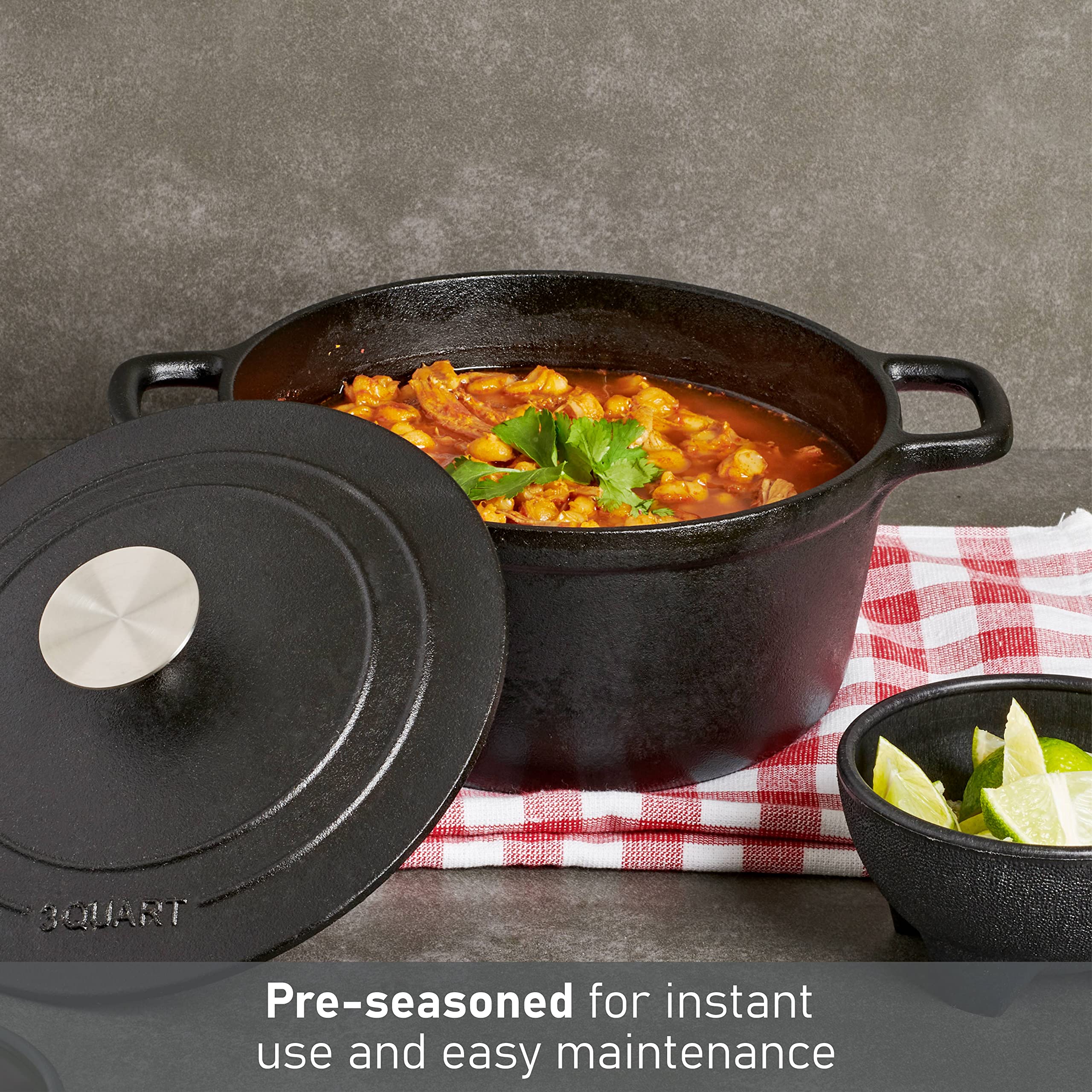 MasterPRO Pre-Seasoned Cast Iron Dutch Oven Skillet - Cooking Pot with Lid for Indoor and Outdoor Use β BBQ Grill, Fire, Oven Safe Camping Cookware, 3 Quart, Black