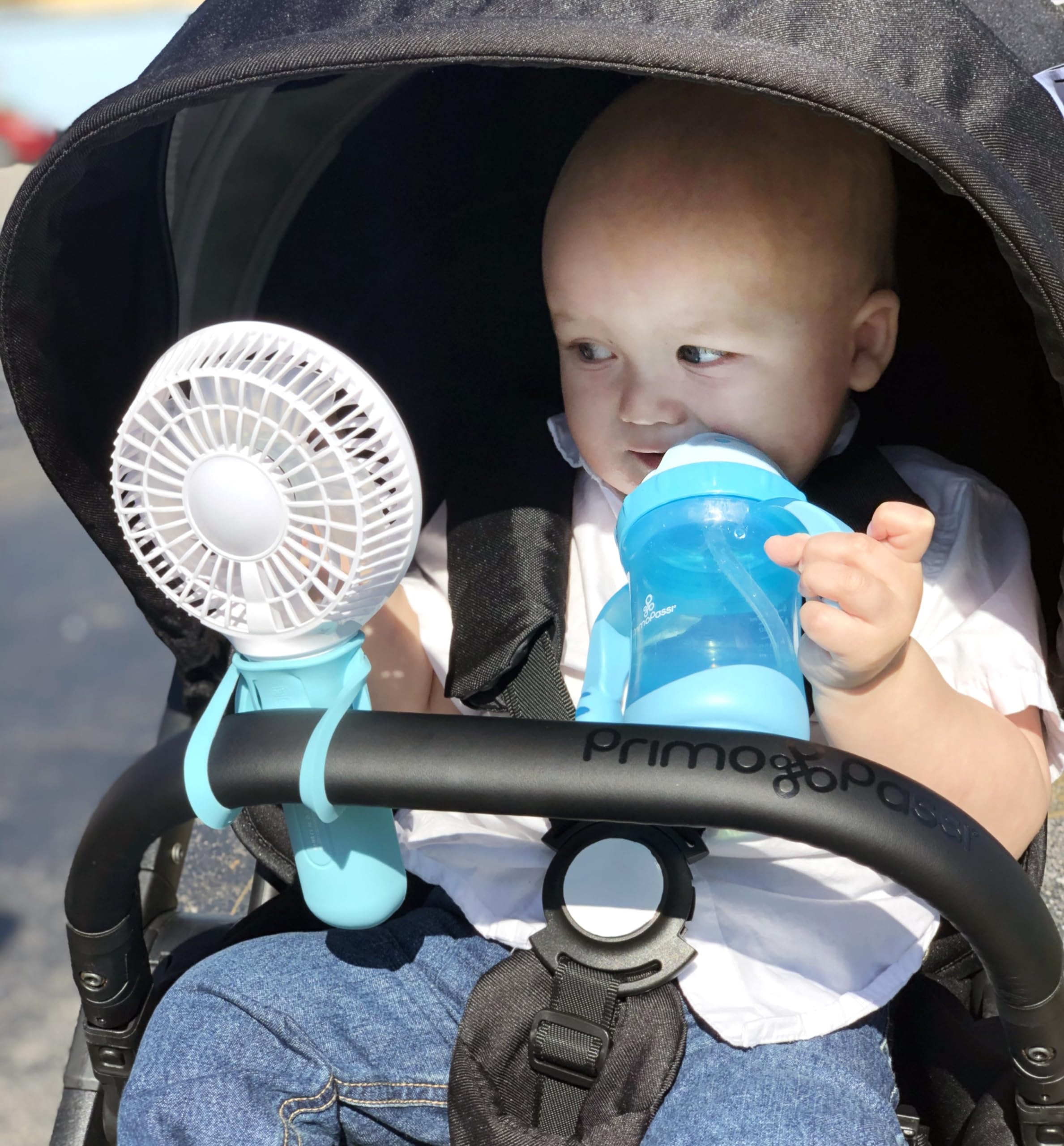 Primo Passi Handheld Fan USB Rechargeable Turbo Portable Stroller Fan, 3 in1 Multi Function Fan, Rechargeable, Led Light and Even Works as a Power Bank. Battery Operated Make up Fan (Pink)