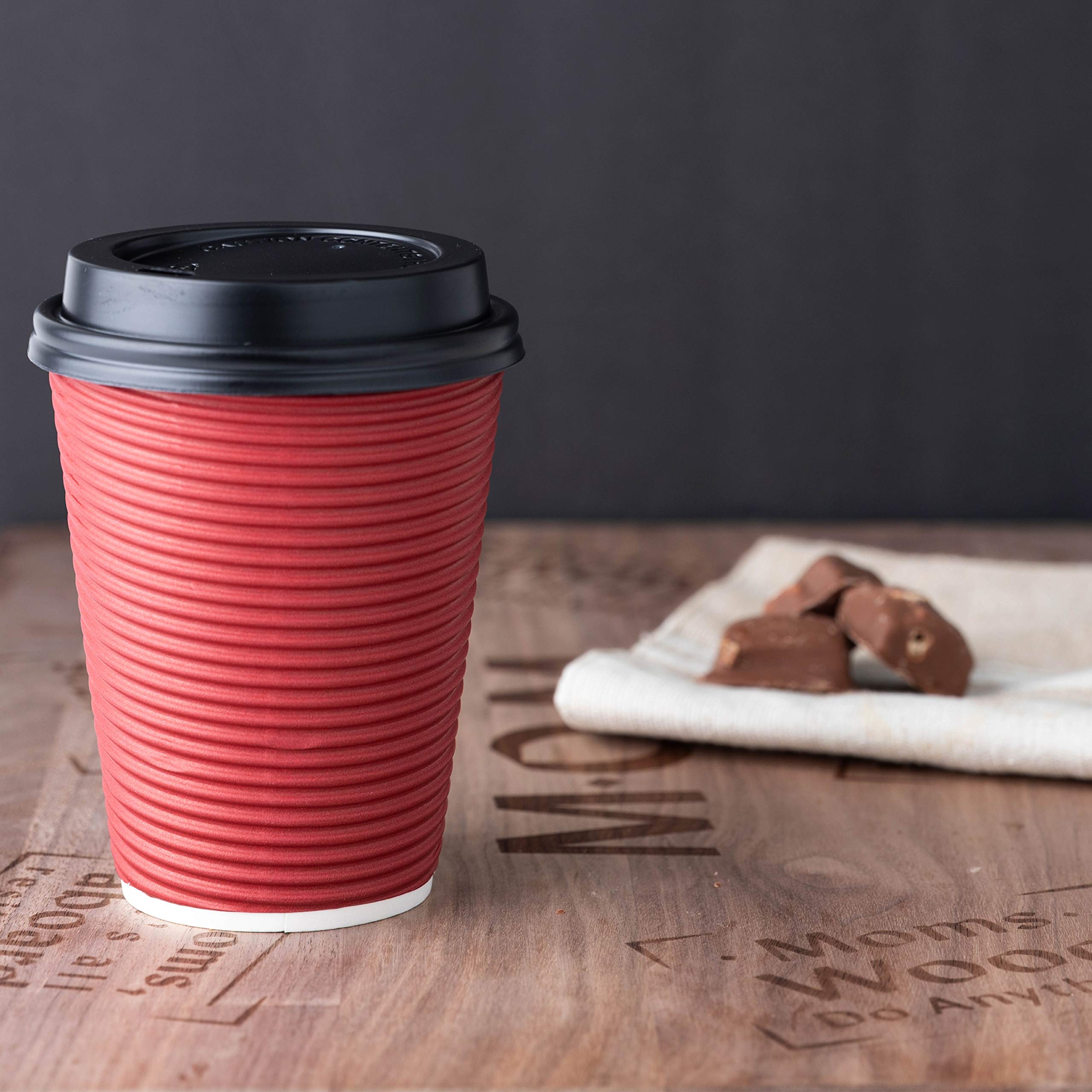 PLASTICPRO [50 Sets - 12 oz.] Insulated Rippled Double Wall Paper Hot Coffee Cups With Lids, Burgundy