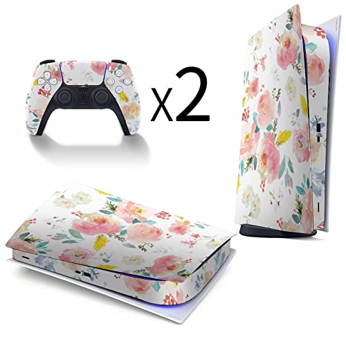 Watercolor Romantic Floral Full Protective Skin Cover Design Wrap Decal Sticker Compatible with PS5 Digital Edition Console and Controller