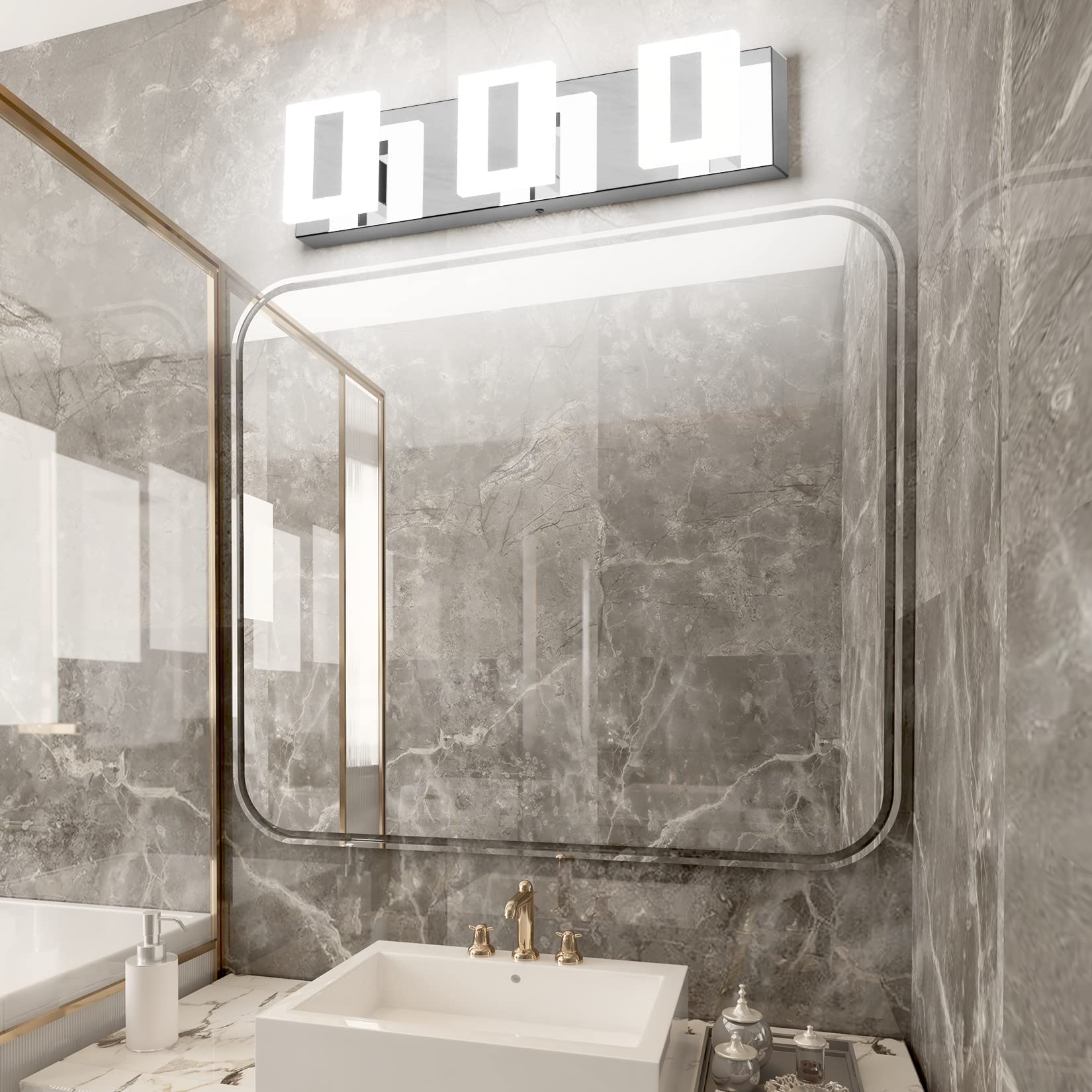 Ralbay 3-Light Modern LED Vanity Lights for Bathroom, Acrylic Stainless Steel Bathroom Wall Light Fixtures Over Mirror, Chrome 6000K