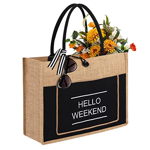 Trifabricy Beach Bag for Women - Large Jute Straw Beach Tote Bag, Hello Weekend Embroidery Canvas Tote Bag, Weaving Swim Gym Shopping Travel Bag, Black