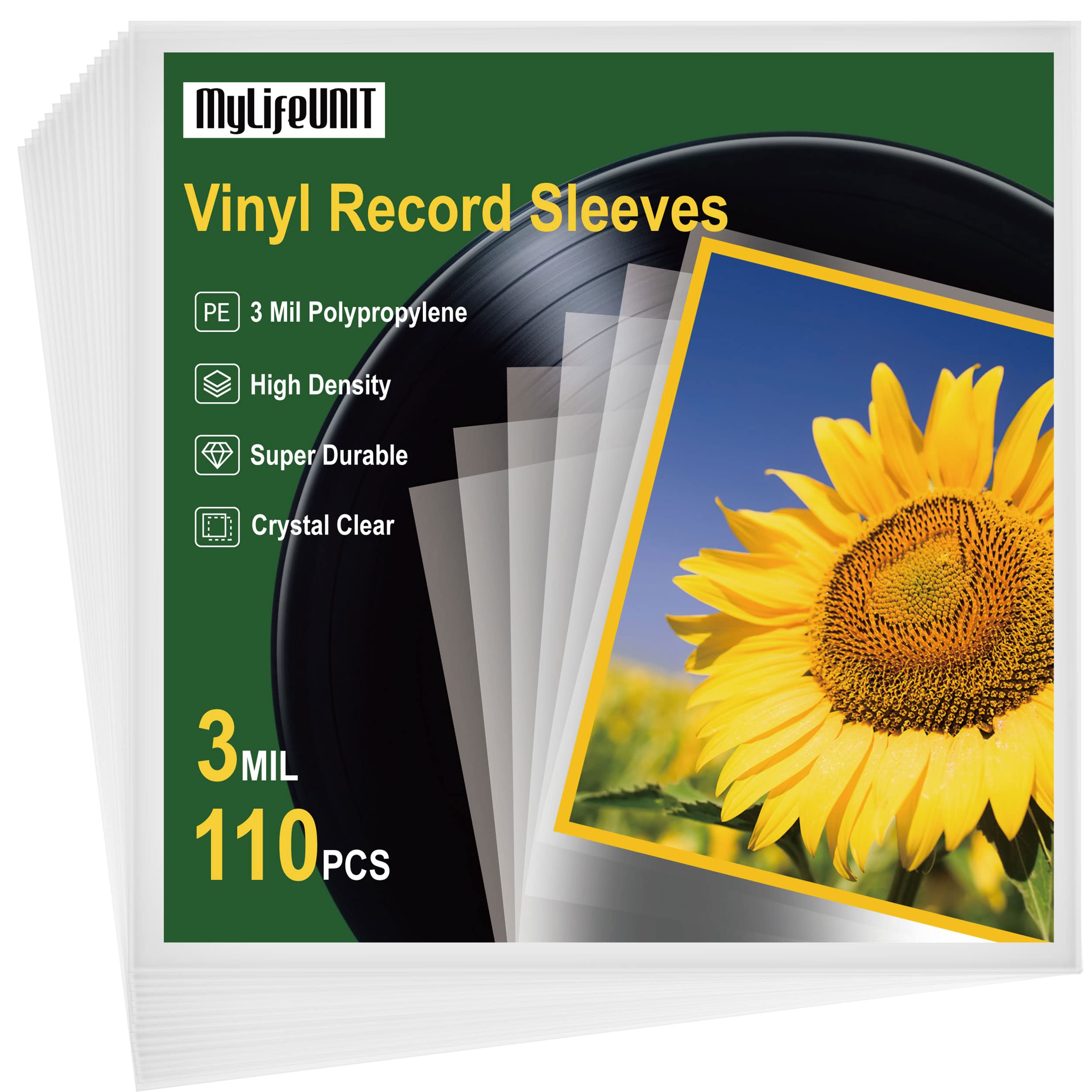 MyLifeUNIT Vinyl Record Sleeves, 110 PCS Clear Plastic Protective Outer Sleeves 3 Mil Thick for Single, Double LP Album Covers, 12.75" x 12.75"