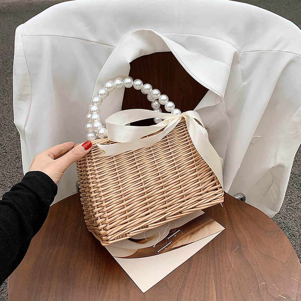 Pearl Handle Rattan Handbag, Straw Shoulder Bag Tote Bags, Mini Basket Handbag