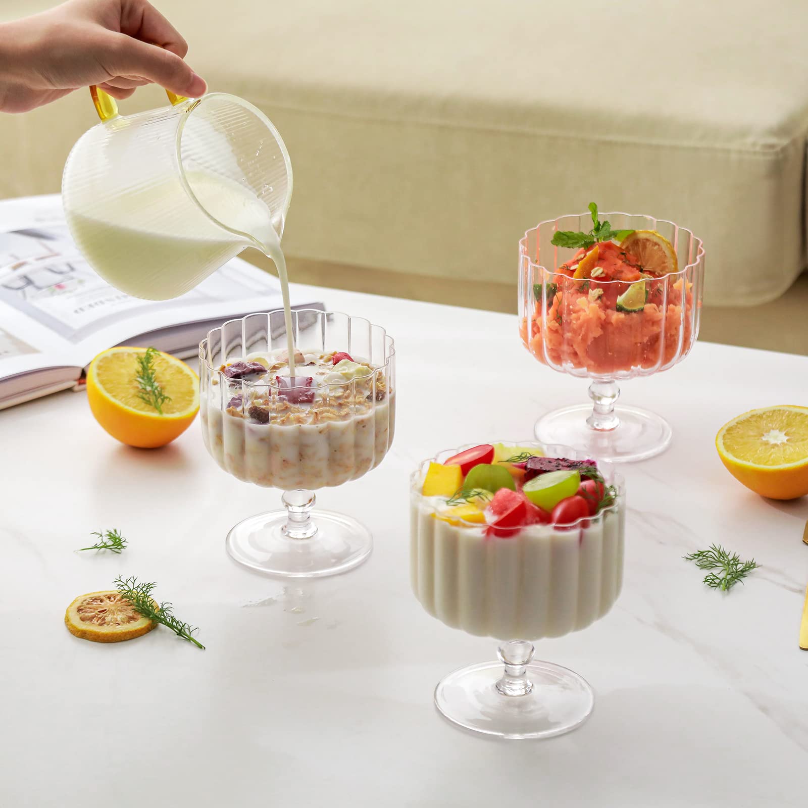 Trifle Bowl Glass with Pedestal, Wave Shaped Crystal Clear Glass Individual Ice Cream Bowls, 18.0 oz Set of 4, Large Decorative Dessert Bowls, Sundae Bowls, Fruit, Salad, Pudding, Snack, Trifle, Nuts