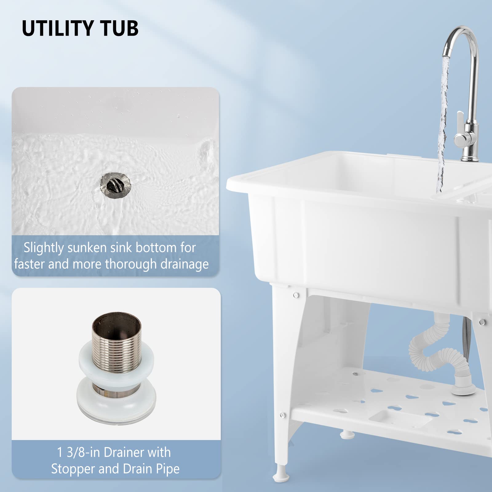 VINGLI Utility Sink Laundry Tub for Washing Room, Freestanding Utility Sink with Stainless Steel Faucet, White, 32.3"W x 22.4" D x43.3"H(Include Faucet)