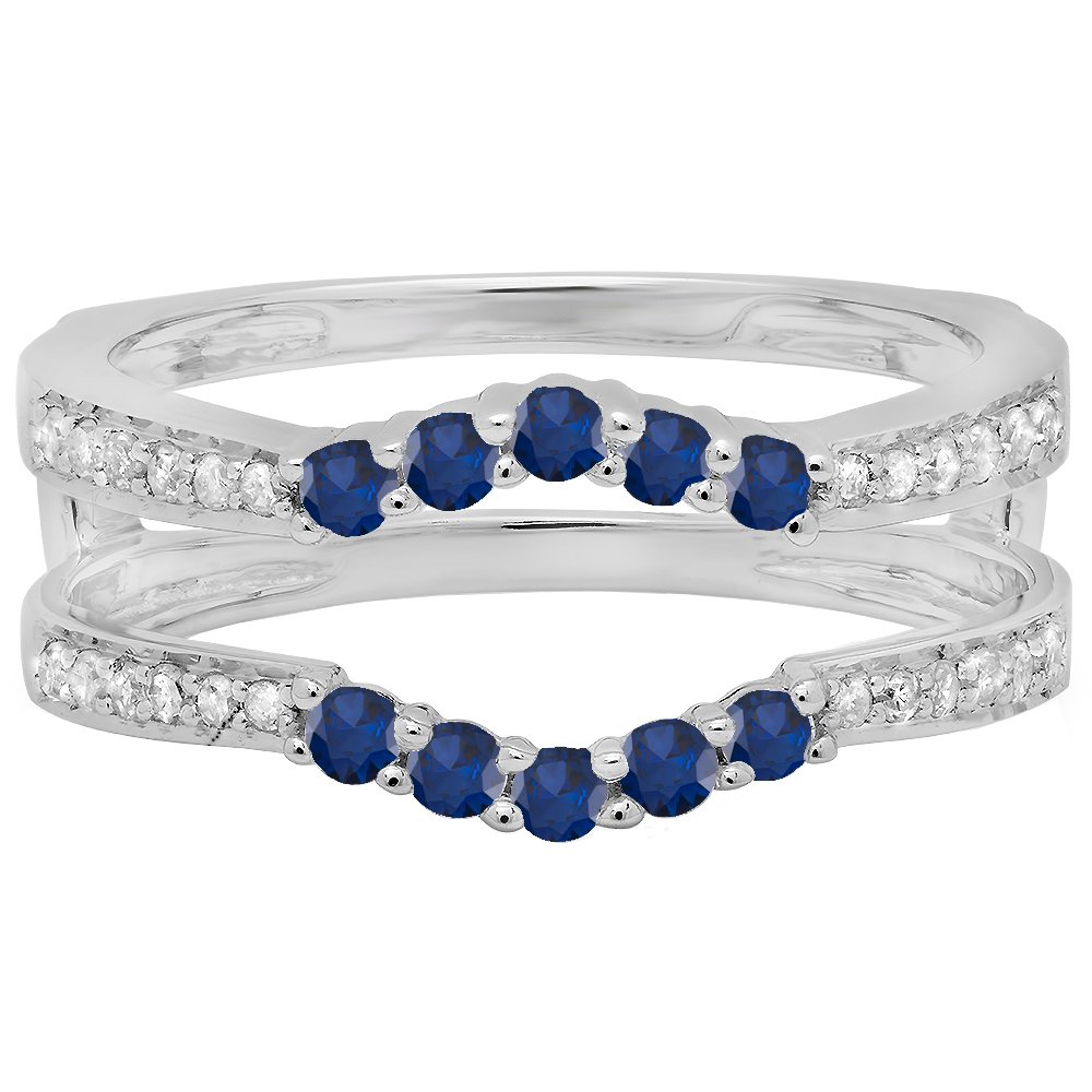 SVC-JEWELS Round Cut Blue Sapphire & Dia 10K White Gold Sterling Silver Enhancer Double Guard Ring For Women's (7.5)