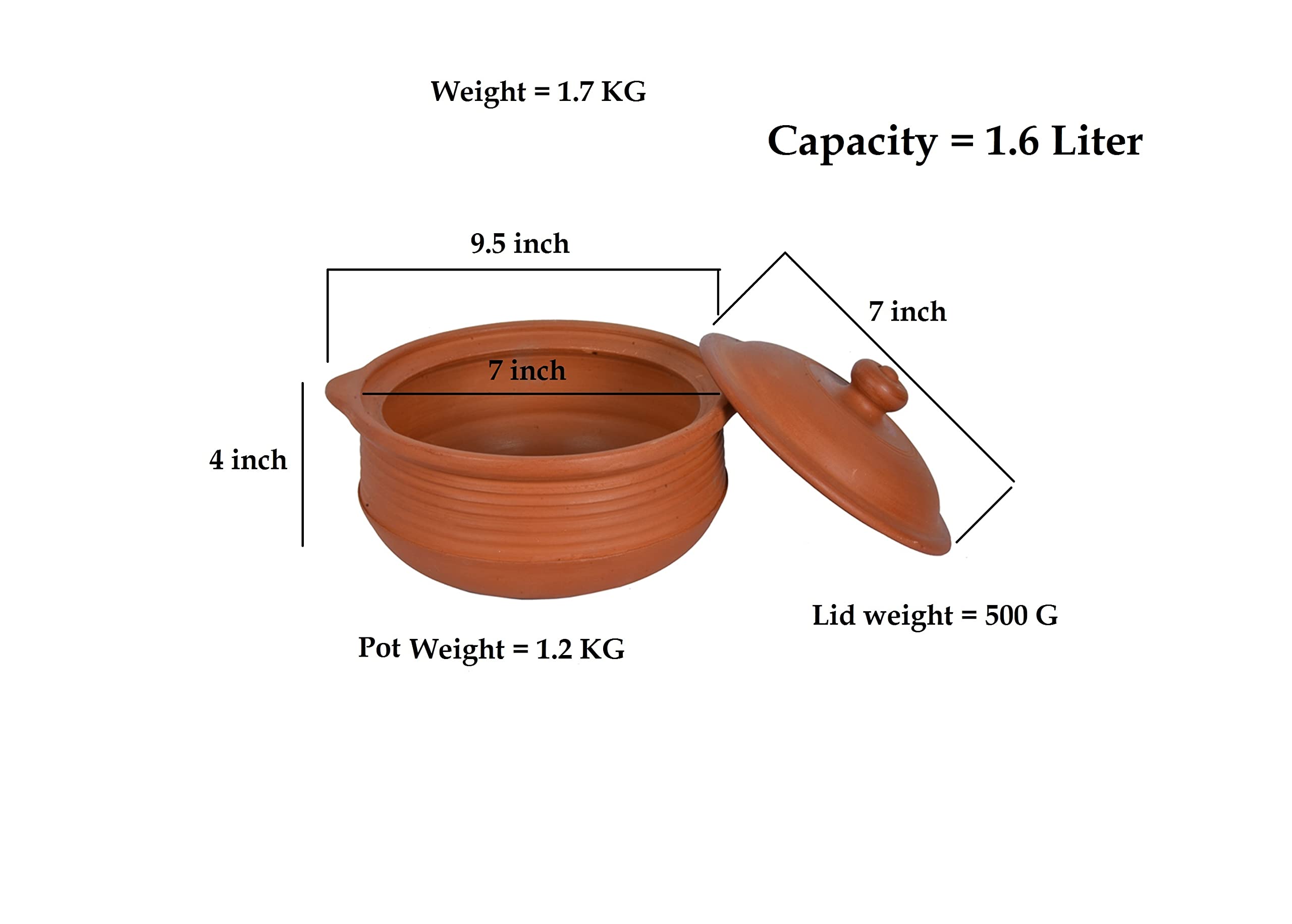 Village Decor Earthen clay cooking pot with lid (Capacity = 1000-1500 ml, Brown)