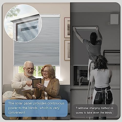 Motorized Cellular Shades with Remote【Free Solar Panel】 100% Blackout Cellular Shades, Smart Honeycomb Shades Cordless Room Darkening Shades, 29" Wx64 H, White