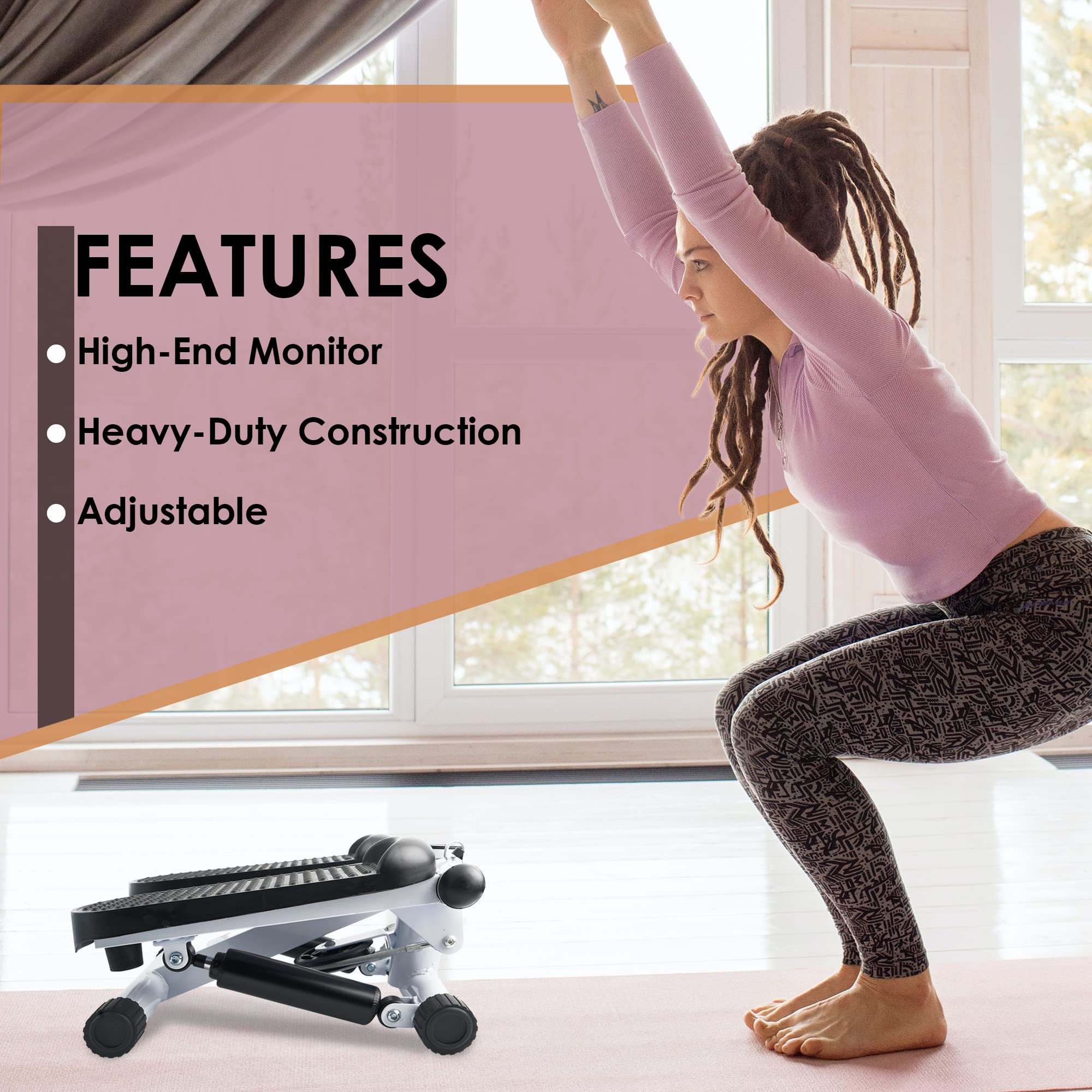 Pebble Hill Advanced Portable Stair Stepper Easy to Read Display, Resistance Bands, Non-Slip Foot Petals, Adjustable Height for Mini, Mid-Size, and Large Home or Office Gym