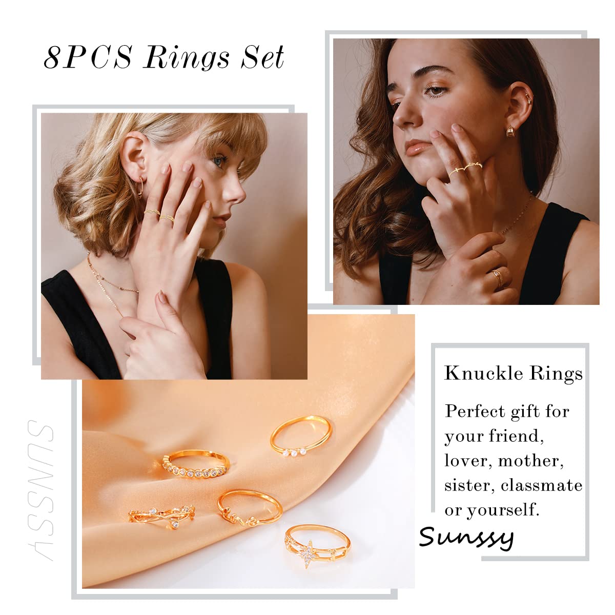 Sunssy 10PCS 14K Gold Plated Stacking Rings for Women,Stackable Knuckle Rings Set Trendy Dainty Silver Ring for Teen Band Wave Thin Rings Size 5-11
