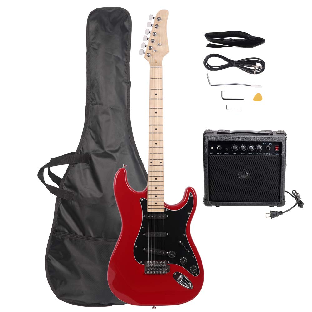YUFUDE Electric Guitar 39" inch Complete Beginner Starter kit Full Size with 20w Amp,w/Strap,Bag,Guitar Amplifier,Power Wire,Plectrum,Tremolo Bar (Red)