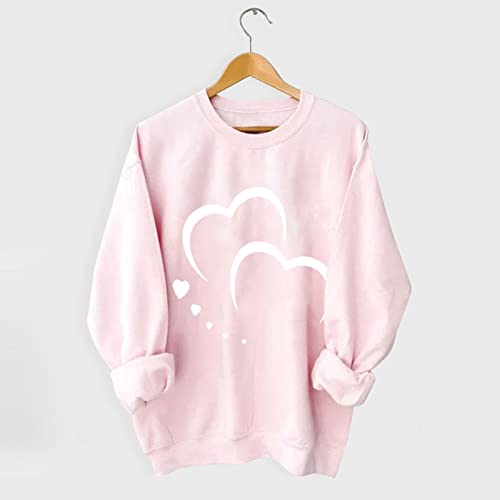 Valentine's Day Shirt for Women, Love Heart Graphic Tees Crewneck Long Sleeve Loose Fit Pullover Tops Sweatshirts(D#Pink,XX-Large)